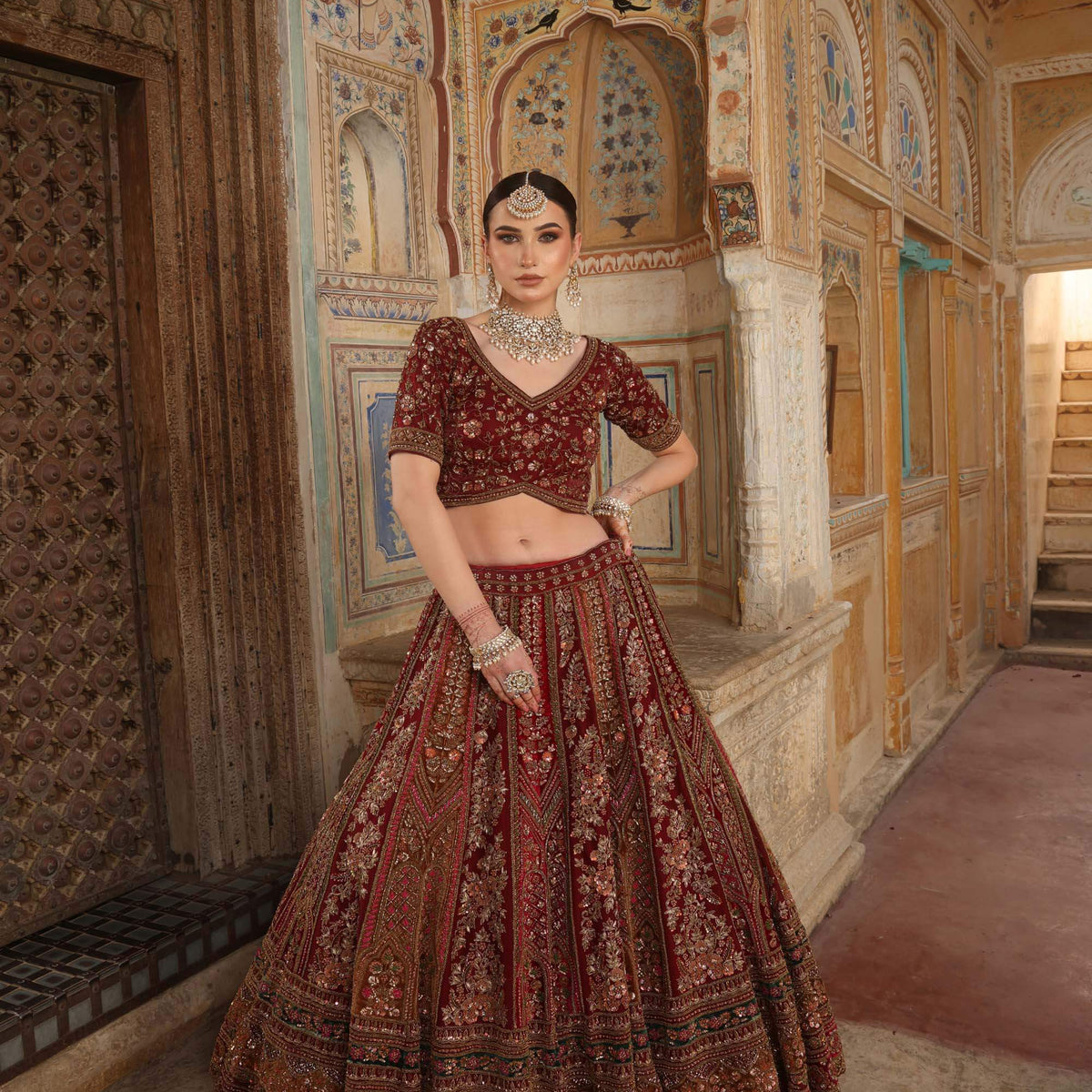 RUST RED ORGANZA LEHENGA – kundan Bridal Couture