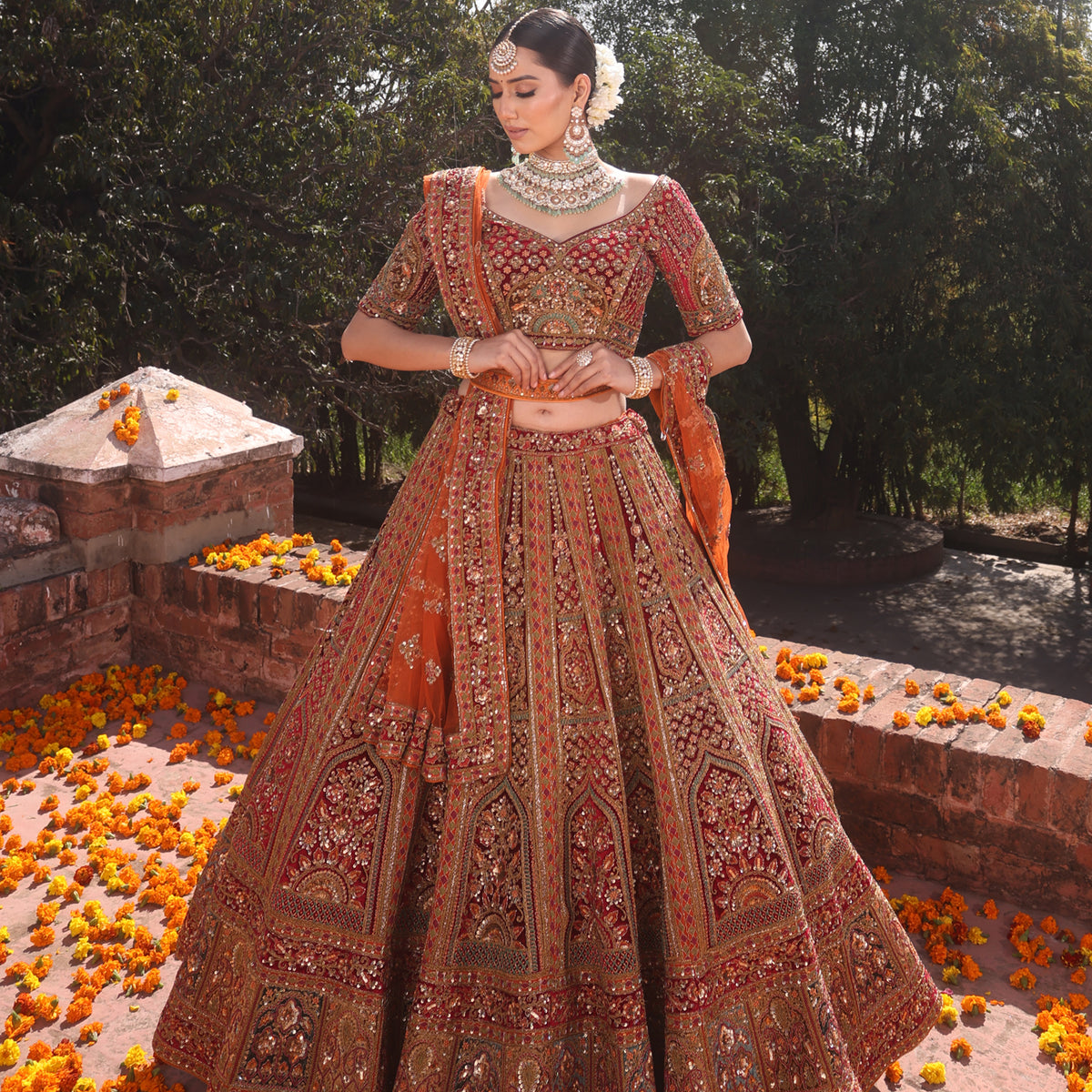 RUST RAW SILK AND MAROON VELVET INFUSED LEHENGA – kundan Bridal Couture