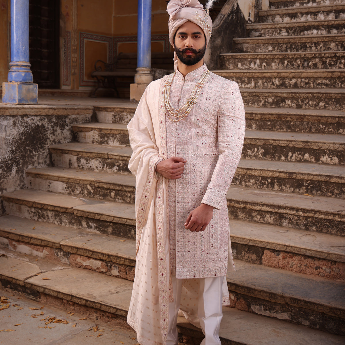 PASTEL PEACH EMBROIDERED SHERWANI SET – kundan Bridal Couture